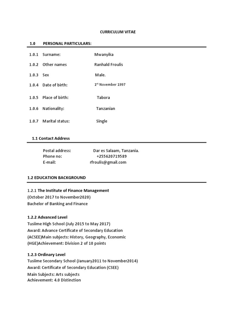 Ranhald Froulis Mwanyika - Resume | PDF | Tanzania | Service Industries