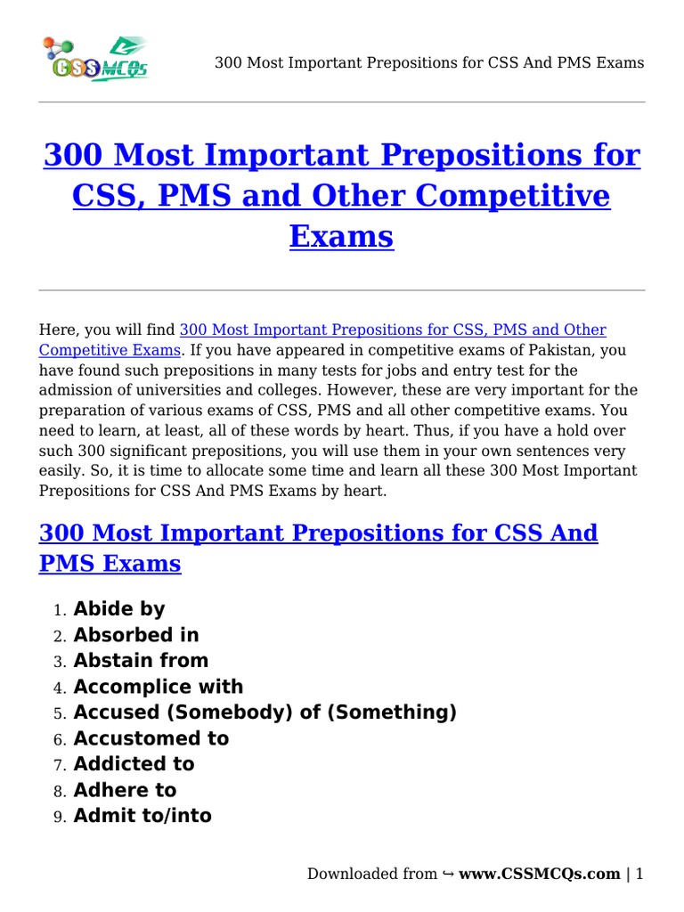 300 Most Important Prepositions For CSS and PMS Exams | PDF | Idiom ...