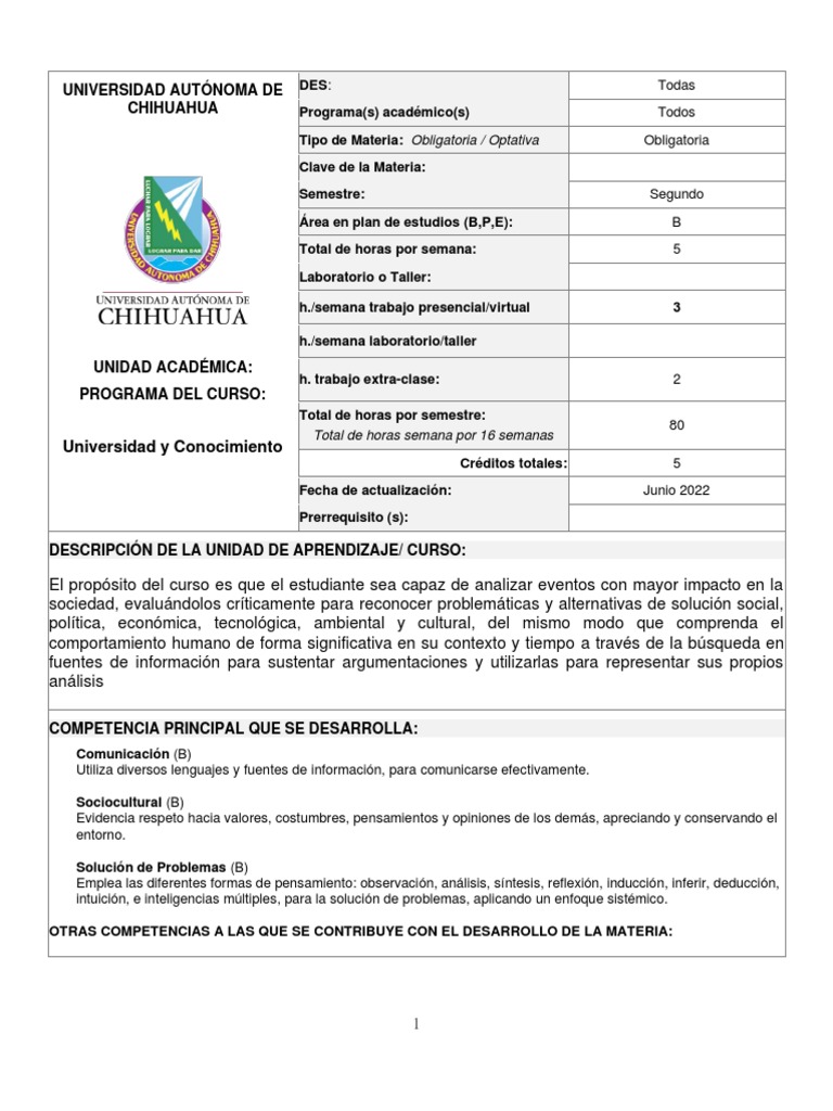 Programa Analitico Universidad Y Conocimiento 2022 Pdf Análisis