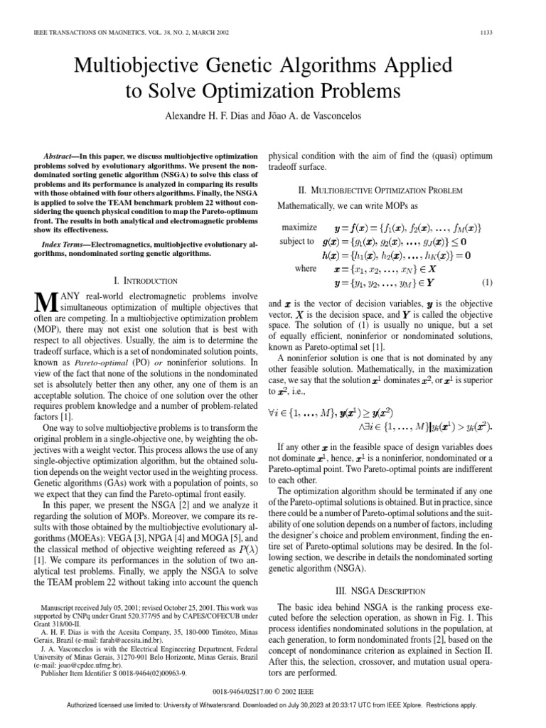 Multiobjective Genetic Algorithms Applied To Solve Optimization Problems Pdf