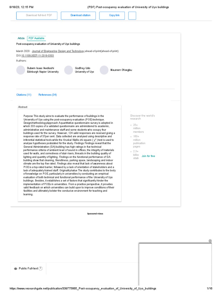 (PDF) Post-Occupancy Evaluation of University of Uyo Buildings | PDF | Art