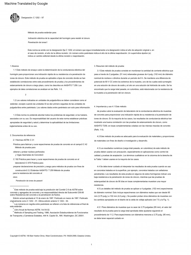 Astm C 1202 - 97 Español | PDF