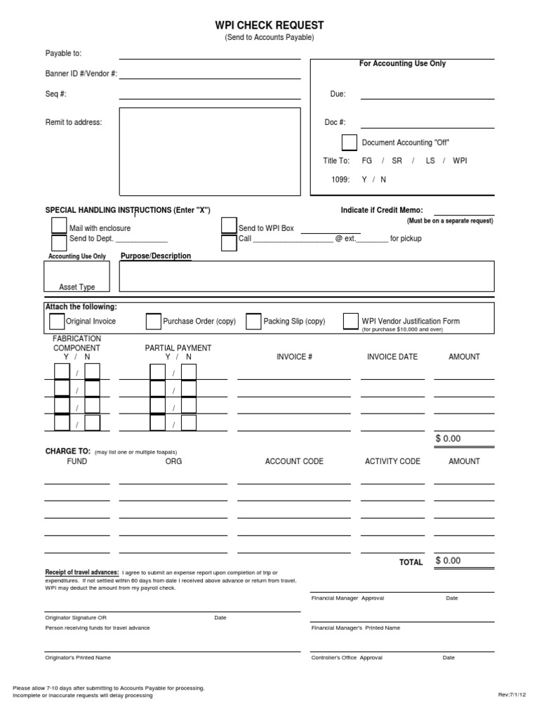 WPI Check Request Form Template | PDF