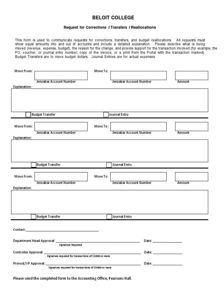 Budget Correction Form - Beloit College | PDF