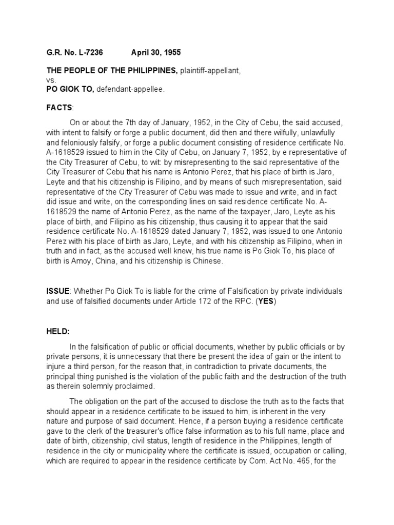 People v. Po Giok To, G.R. No. L-7236 June 30, 1955 | PDF ...