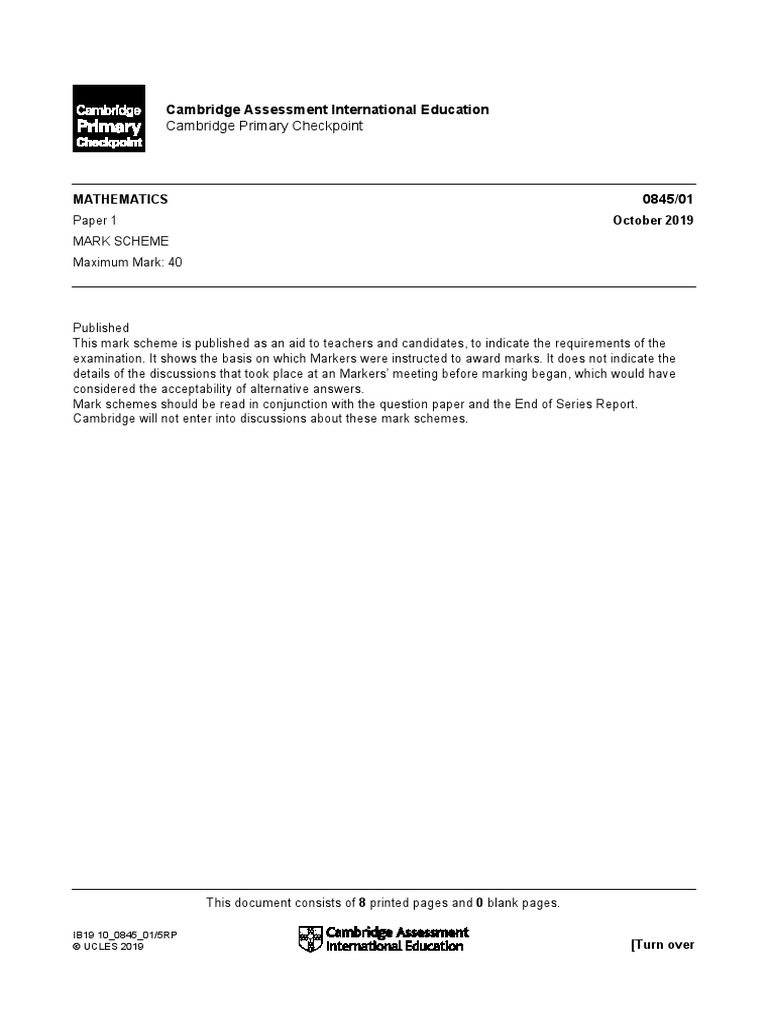 Cambridge Primary Checkpoint - Mathematics (0845) October 2019 Paper 1 ...