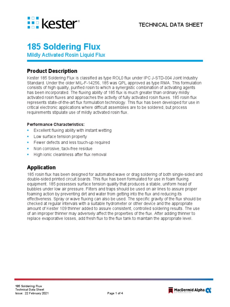 Kester 185 Soldering Flux Datasheet | PDF | Soldering | Chemical Substances