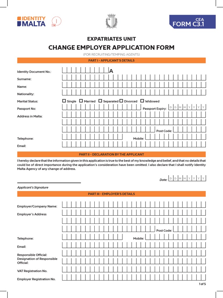Form C3.1 Single Work Permit Change in Employer Application For ...