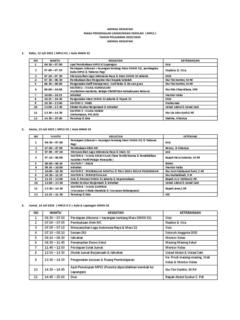 Jadwal MPLS SMKN 32 2023/2024 | PDF