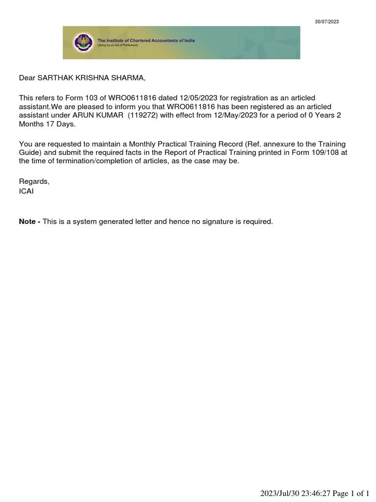 Form 103 Letter | PDF