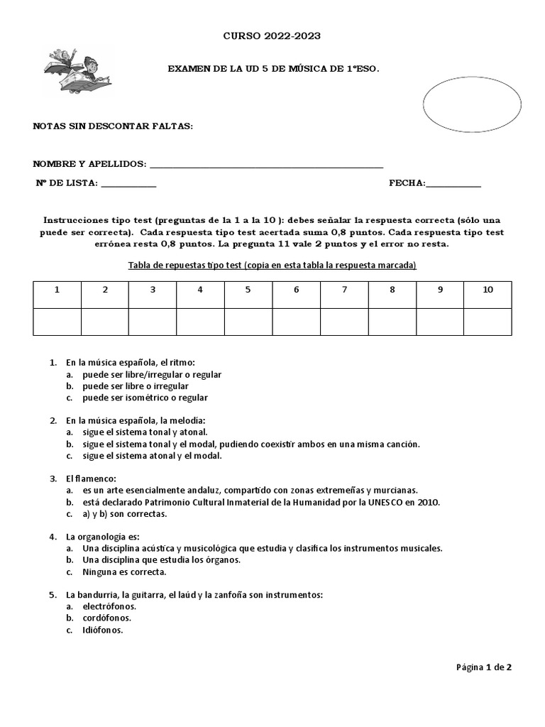 Examen Música Ud5 | PDF | Instrumentos musicales | Entretenimiento