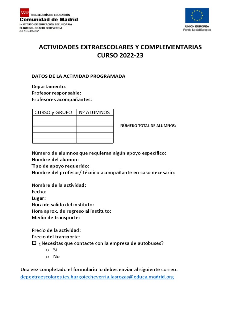 2 Formulario Actividades Extraescolares Modificado | PDF