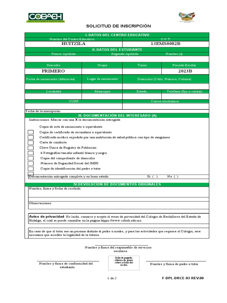 SOLICITUD DE INSCRIPCION Cobaeh | PDF | Plan de estudios