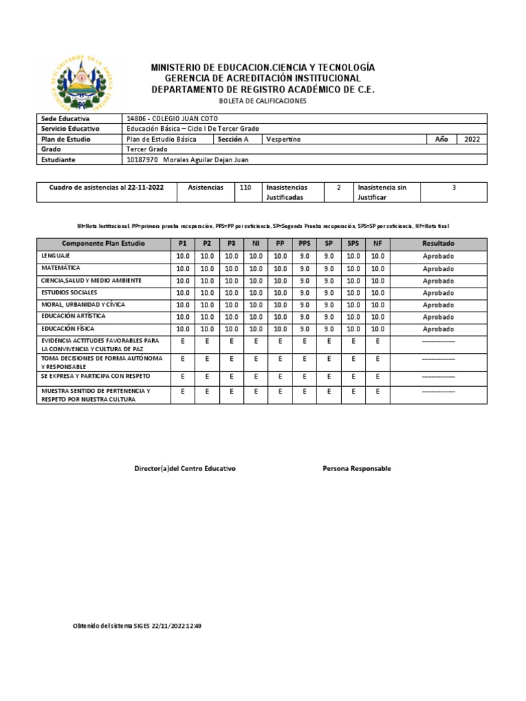 Boleta de Calificaciones 2022 | PDF