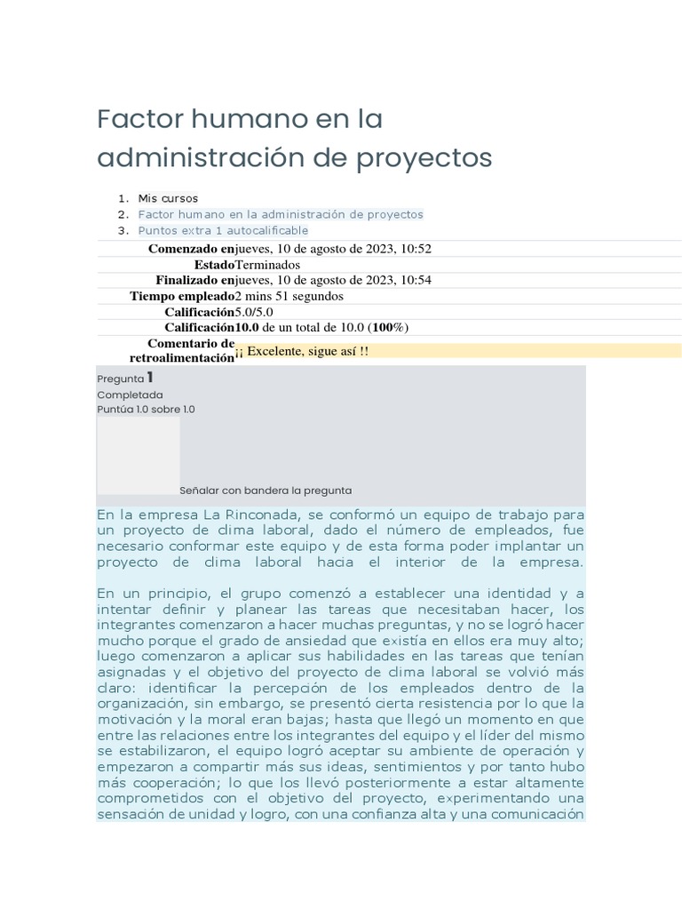 Factor Humano en La Administración de Proyectos + Examén Final | PDF