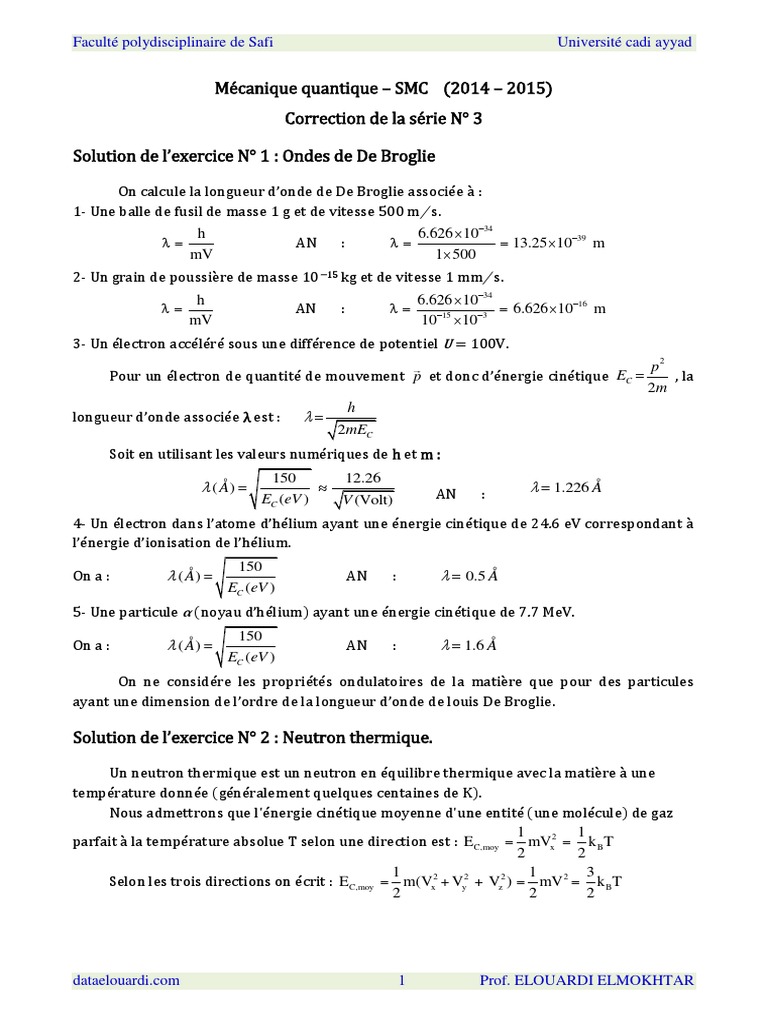 Correction de La Serie #3 Mécanique Quantique | PDF | Fonction d'onde | Électronvolt