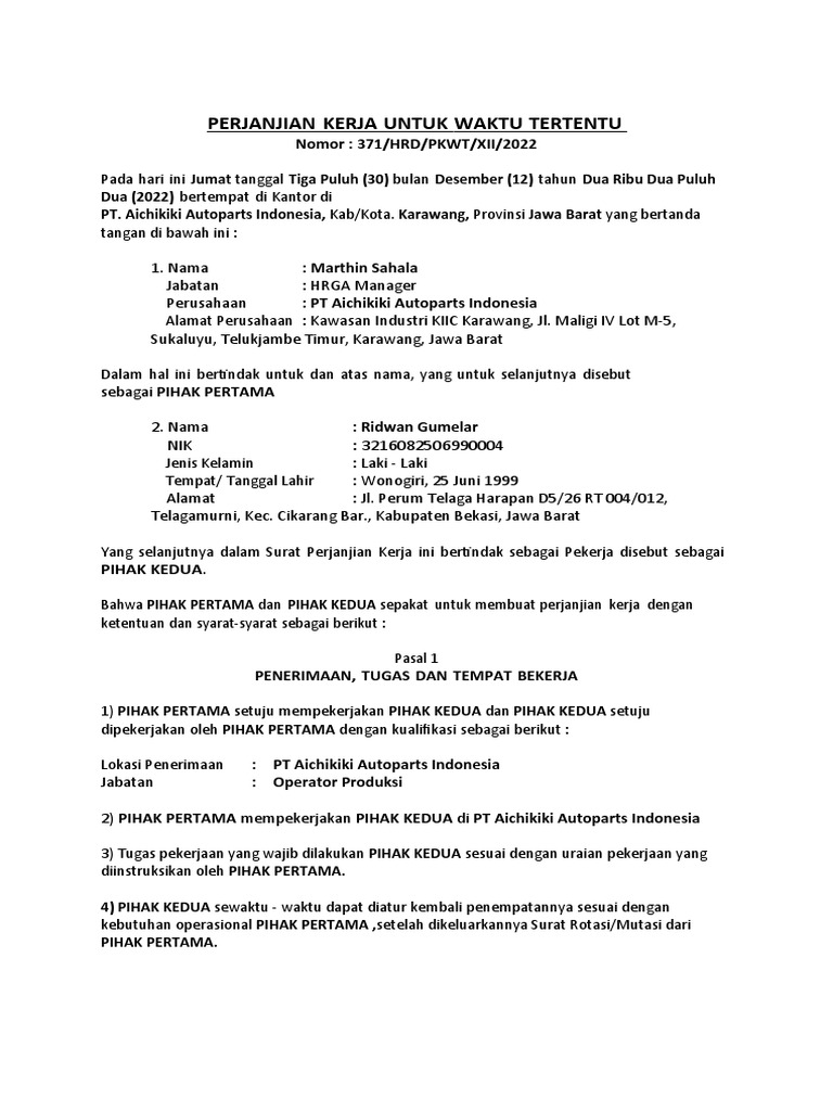 Draft - PKWT 22. Edit 1 | PDF