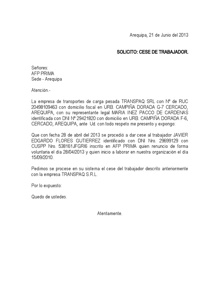 Carta Afp Baja de Trabajador | PDF