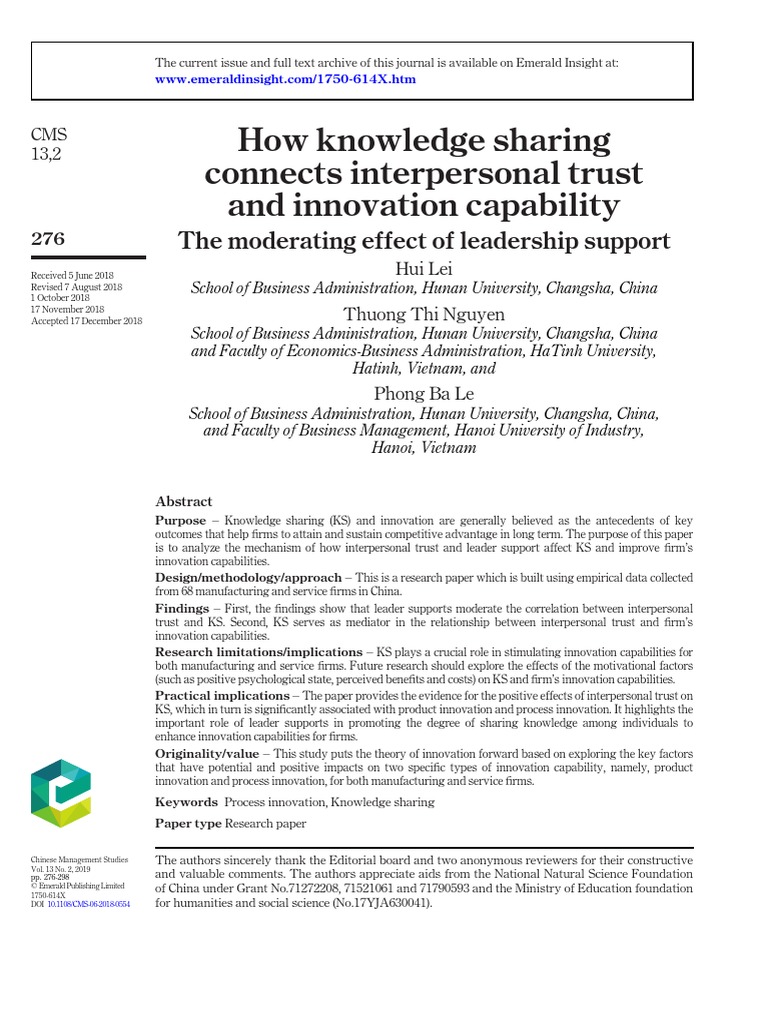 How Knowledge Sharing Connects Interpersonal Trust and Innovation Capability The Moderating ...