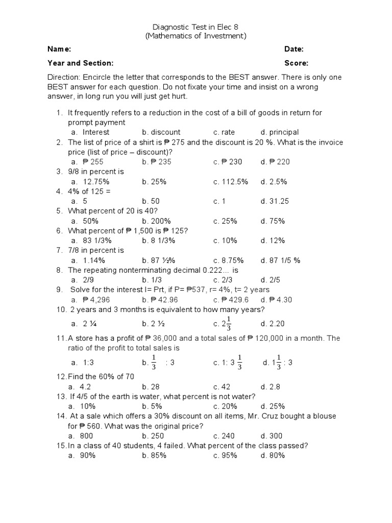 Investment Mathematics Diagnostic Test | PDF | Economies | Financial ...