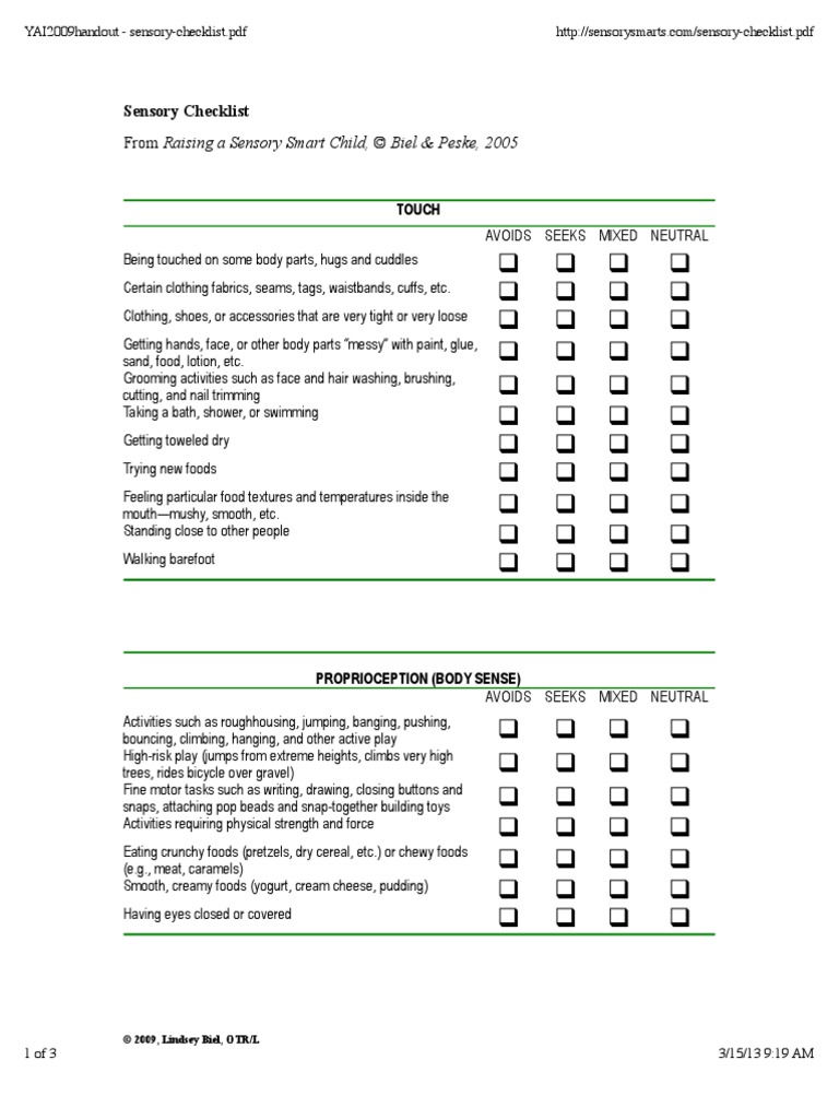 Sensory Checklist | PDF