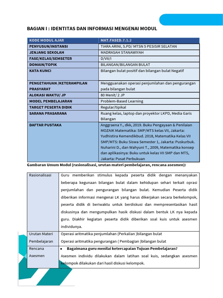 Soal dan Mind Map Bilangan Bulat Kelas 7 | PDF