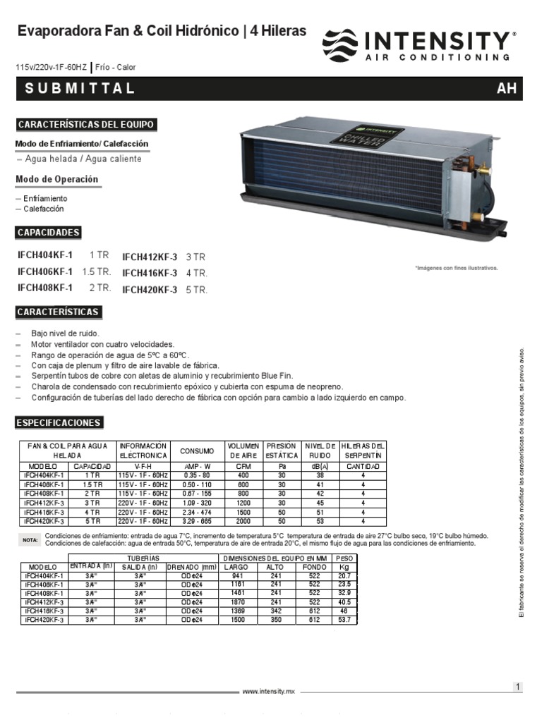 Submittal INTENSITY - Fan & Coil 4 Hileras Agua Helada | PDF | Calor ...