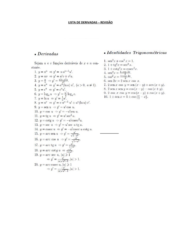Lista de Derivadas para Ejercicios | PDF