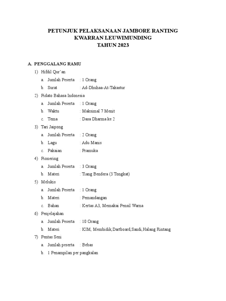 Petunjuk Pelaksanaan Jambore Ranting 2023 | PDF