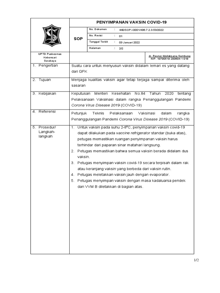 SOP PENYIMPANAN VAKSIN COVID | PDF