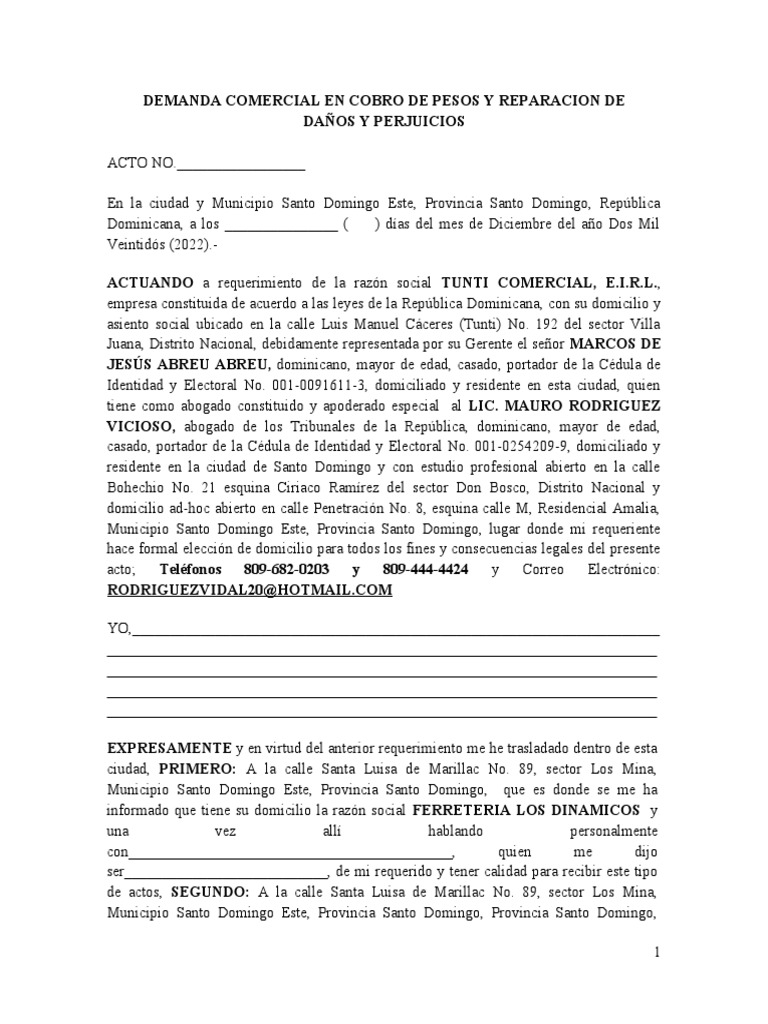 Demanda Comercial en Cobro de Pesos (Tunti vs. Ferreteria Los Dinamicos ...