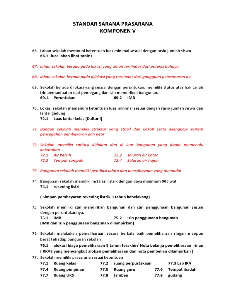 Komponen V Standar Sarpras | PDF