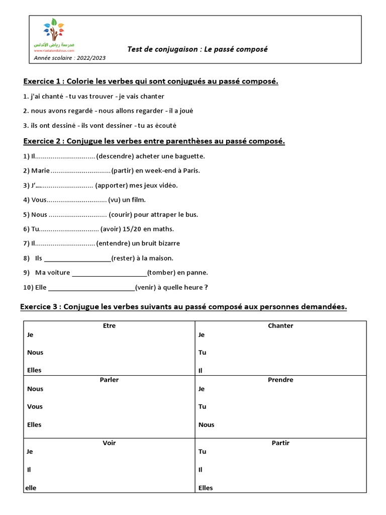 Exercices de conjugaison au passé composé | PDF