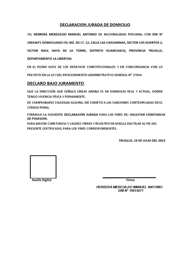 Declaracion Jurada Domiciliaria | PDF | Derecho