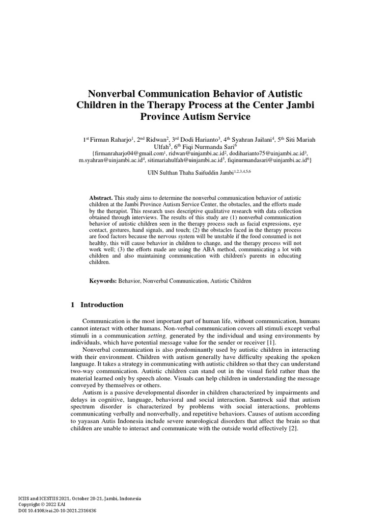 Nonverbal Communication Behavior of Autistic Children in The Therapy ... Nonverbal Communication Behavior of Autistic Children in The Therapy ...