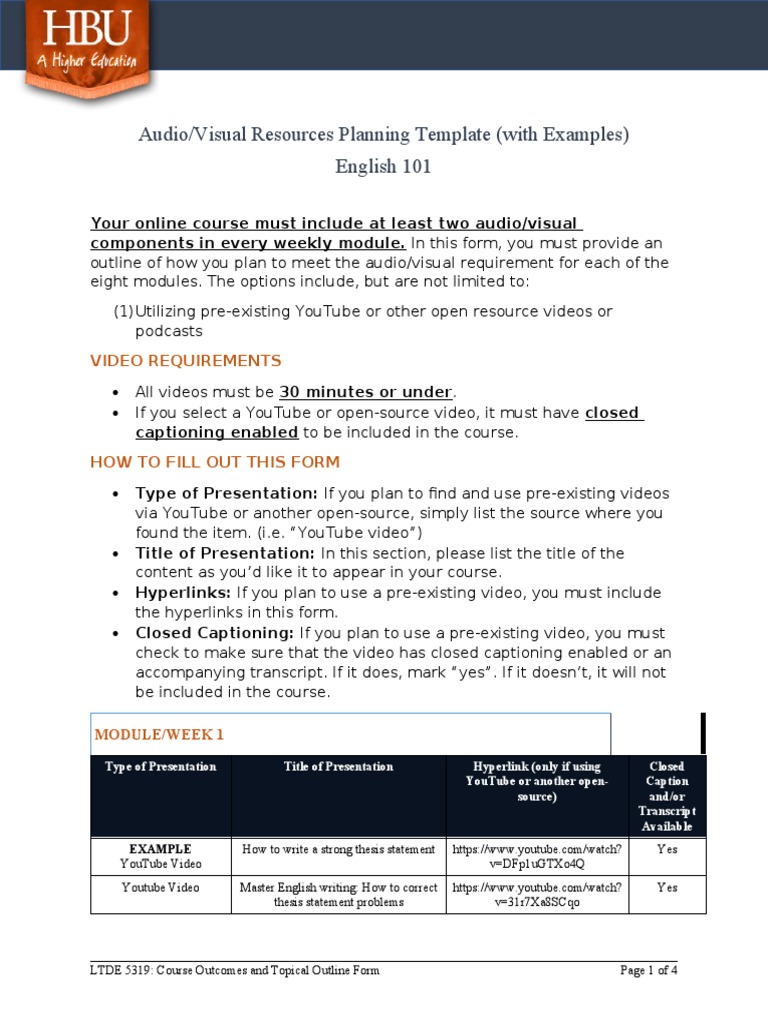 Audio Visual Resources Planning Template and Examples | PDF | You Tube ...