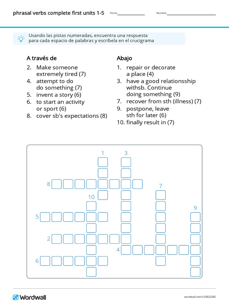 Phrasal Verbs Complete First Units 1 5 Crucigrama | PDF