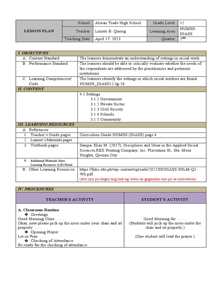 Grade 12 Social Work Lesson Plan | PDF