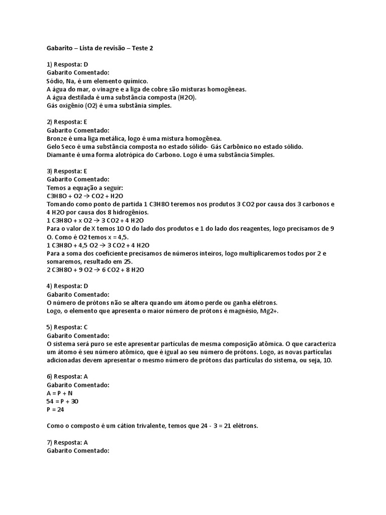 Gabarito - Lista de Revisão - Teste 2 | PDF Gabarito - Lista de Revisão - Teste 2 | PDF