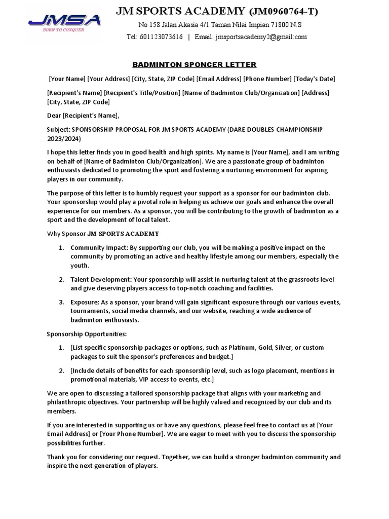 Badminton Sponcer Letter | Download Free PDF | Public Sphere | Human ...