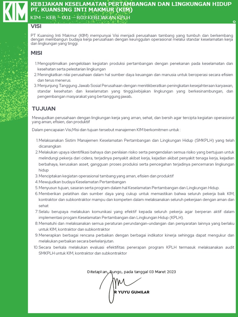 Kim Keb 001 r03 Kebijakan KPLH TTD | PDF