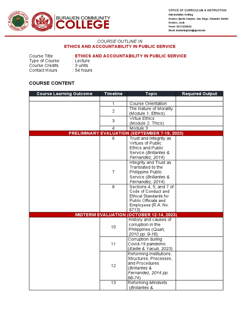 Course Outline Ethics and Accountability in Public Service | PDF ...