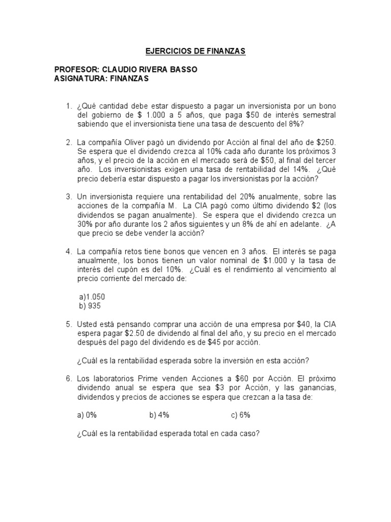 Ejercicios Finanzas Bonos y Acciones | PDF | Compartir (Finanzas) | Dinero