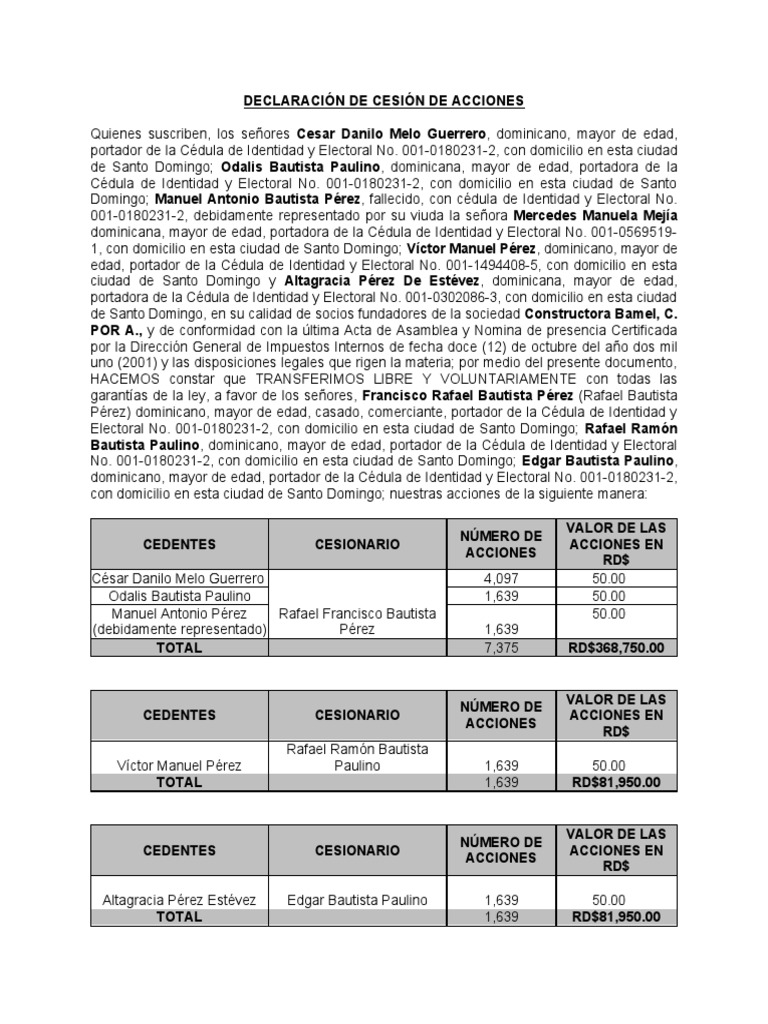 Cesión de Acciones en Constructora Bamel | PDF | República Dominicana ...