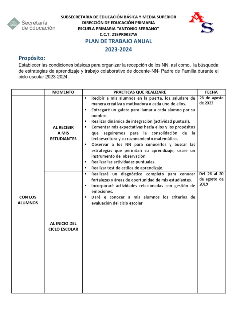 Ejemplo - Plan de Trabajo | PDF | Educación primaria | Evaluación