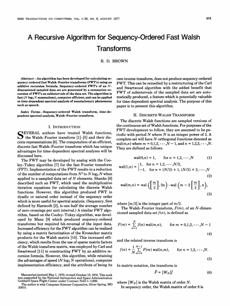 1977 Brown A Recursive Algorithm For Sequency Ordered Fast Walsh Transforms Pdf