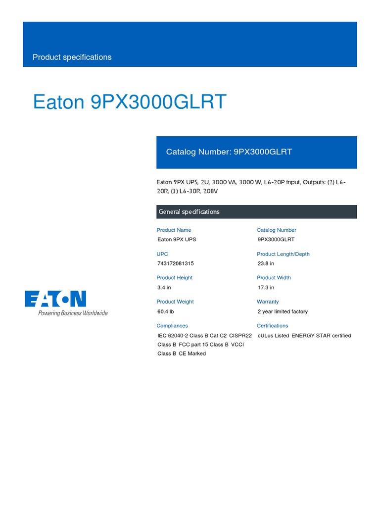 Eaton 9PX3000GLRT UPS Specifications | PDF | Hertz | Computer Science