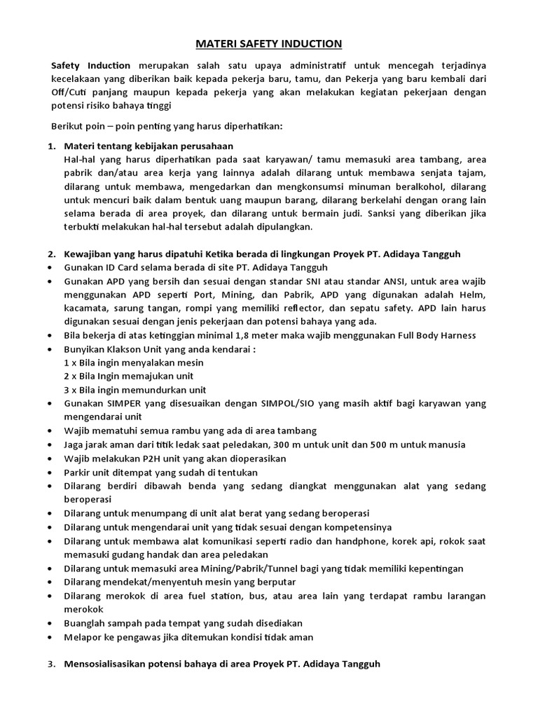 Materi Safety Induction Pt. Adidaya Tangguh | PDF