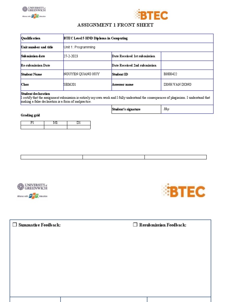 Asm1 Programming 1st Nguyenquanghuy Bh00422 | PDF
