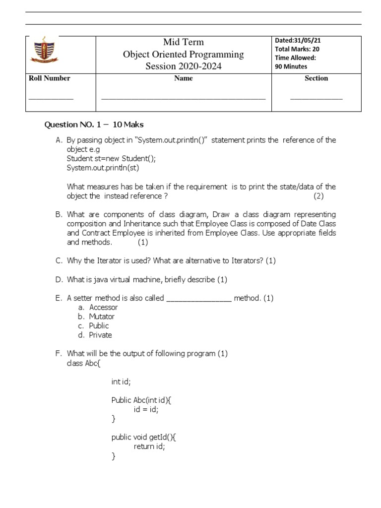 Mid Term Question Paper-2020-2024 | PDF | Method (Computer Programming ...